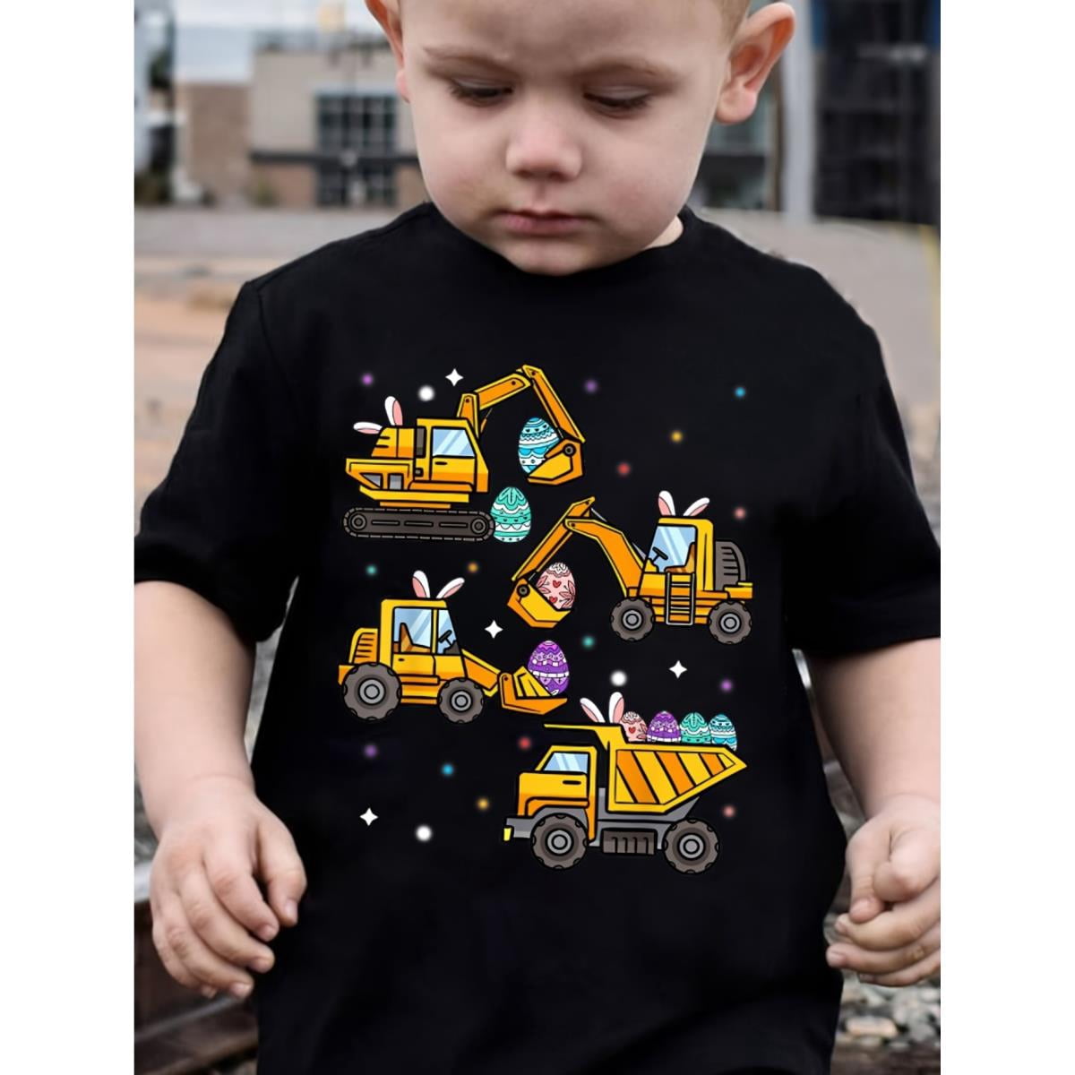 Boys' Easter Excavator & Bulldozer Egg Print T-Shirt - Black Short ...