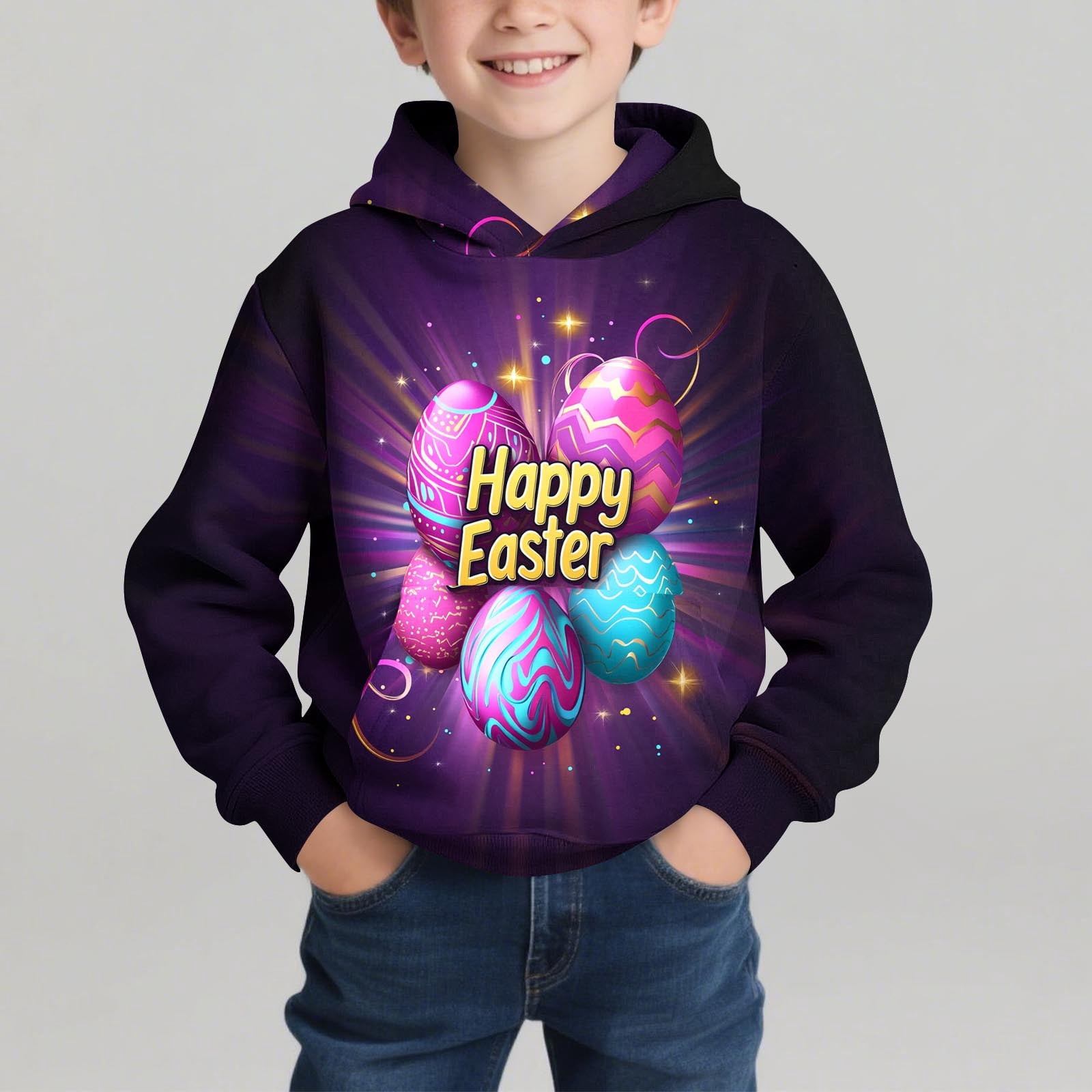 Boys Easter Hoodie Purple and Black, Happy Easter Graphic Pullover for ...