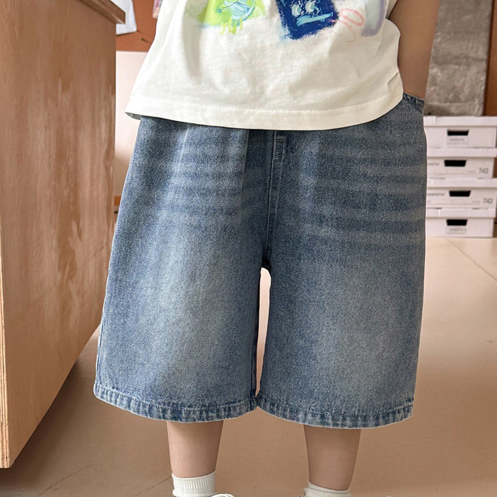 Boys Elastic Waist Wide Leg Casual Loose Fit Denim Jorts with Pockets ...