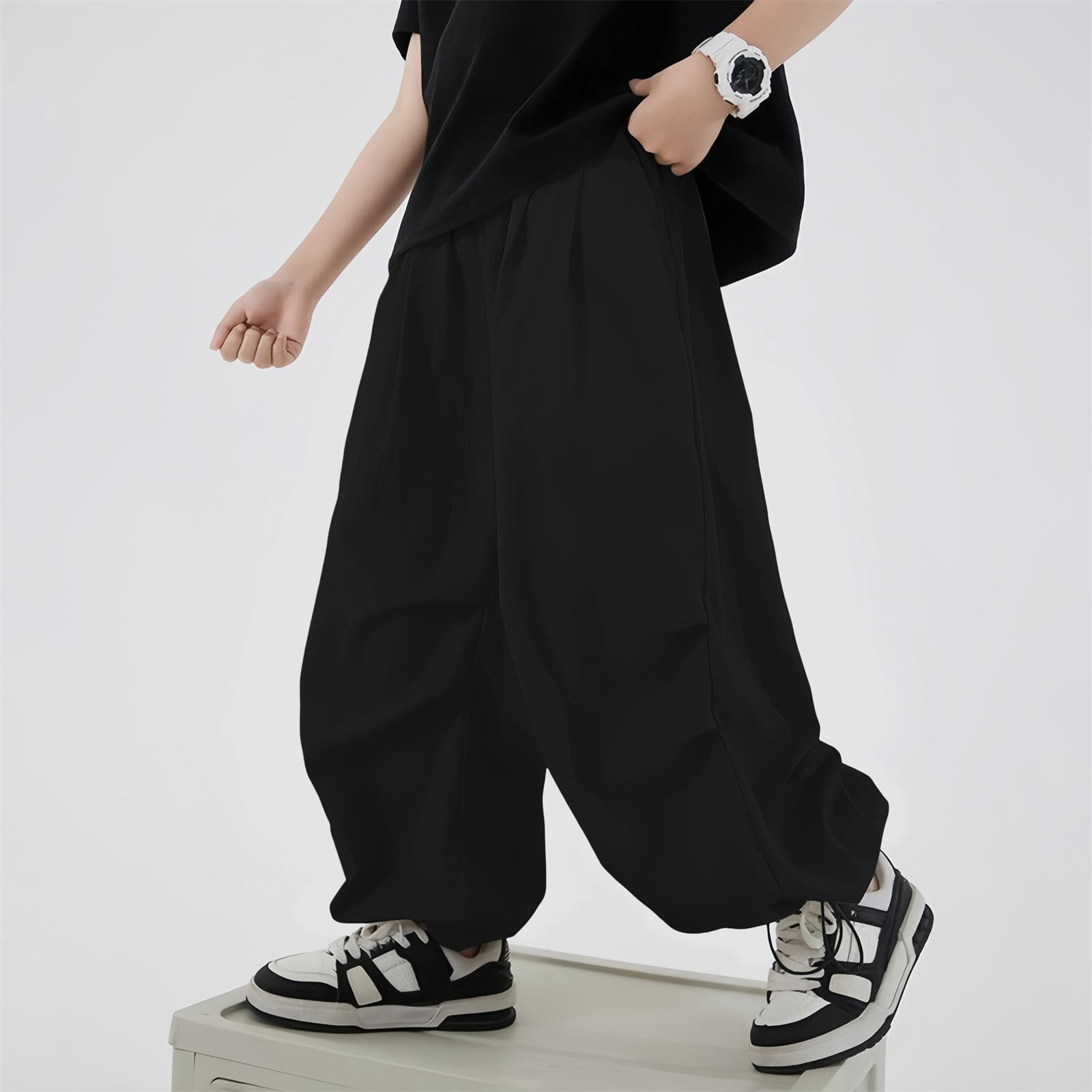 Boys Elastic Waist Wide Leg Parachute Pants, Casual Solid Color Baggy ...