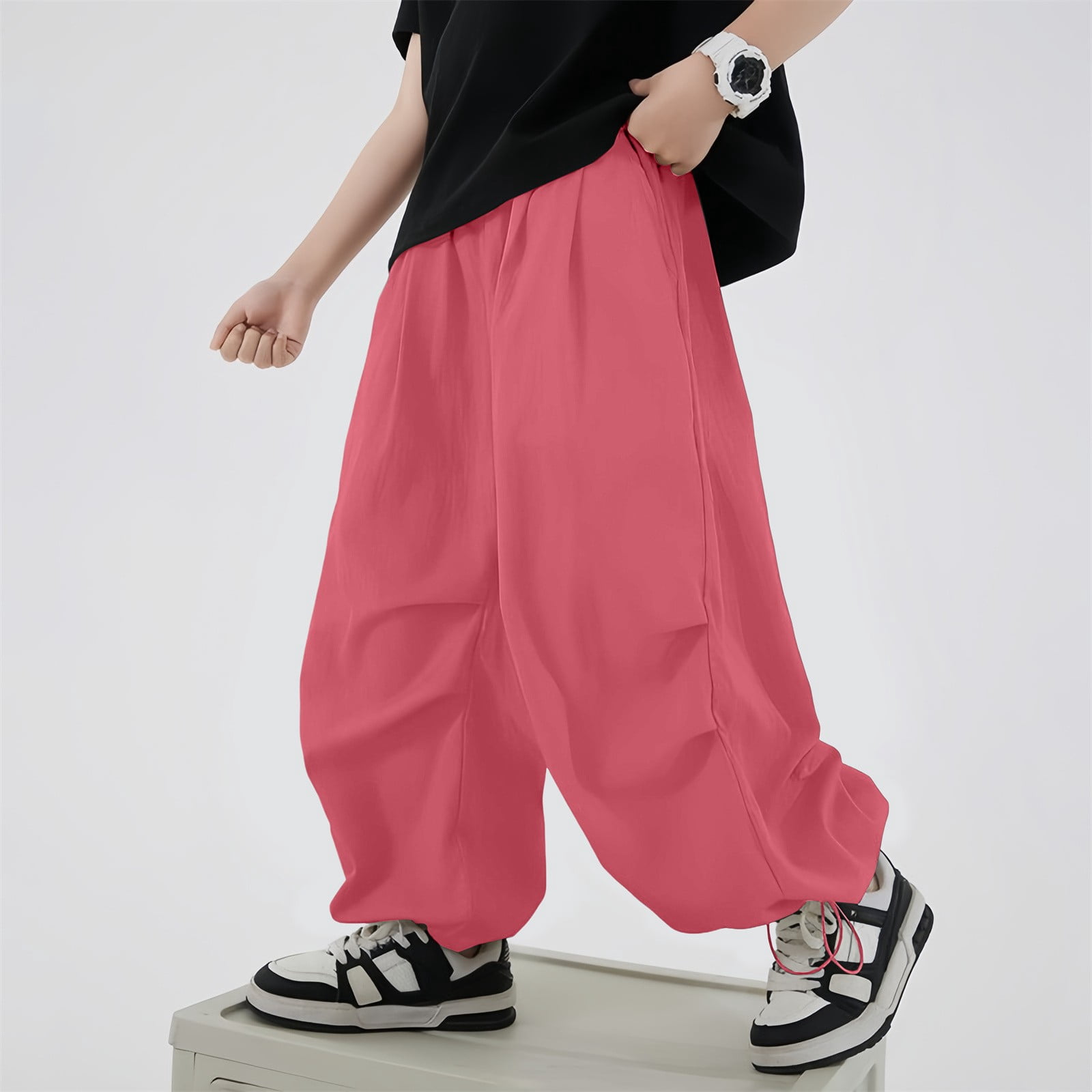 Boys Elastic Waist Wide Leg Parachute Pants, Casual Solid Color Baggy ...