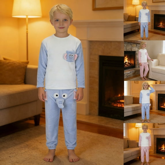 Boys Elephant Cartoon Pajamas Set Long Sleeve Pajama Winter Sleepwear ...