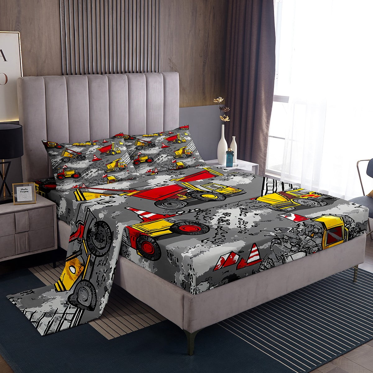 Excavator Bed Sheets Set Queen,Yellow Truck Sheet Set,Cartoon Vehicle ...