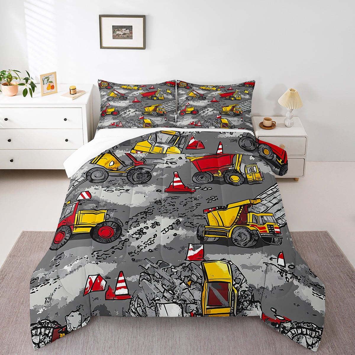 Excavator Comforter Sets Twin Size,Yellow Truck Bedding Set,Cartoon ...