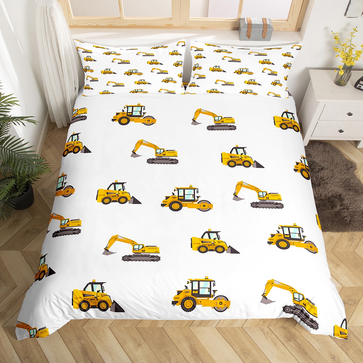Excavator Duvet Cover King Size,Construction Truck Bedding Set,Cartoon ...