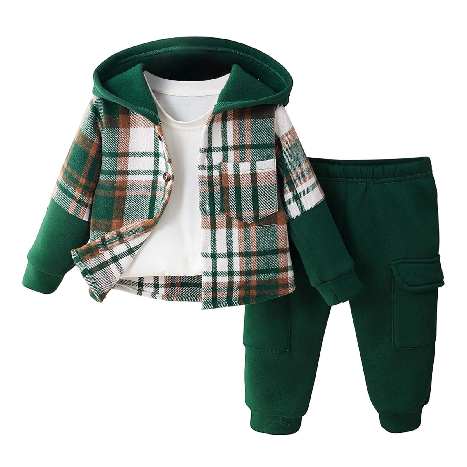 Boys Fall Winter Long Sleeve Hooded Plaid Shirt and Pants Outfit Full ...