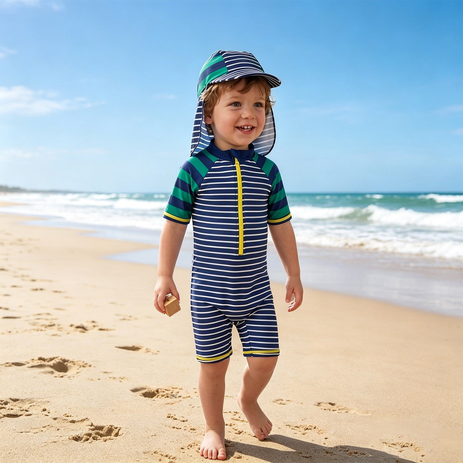 Boys Fashion Stripe Print Long Sleeve UPF One Piece Swimsuit Surf Rash ...