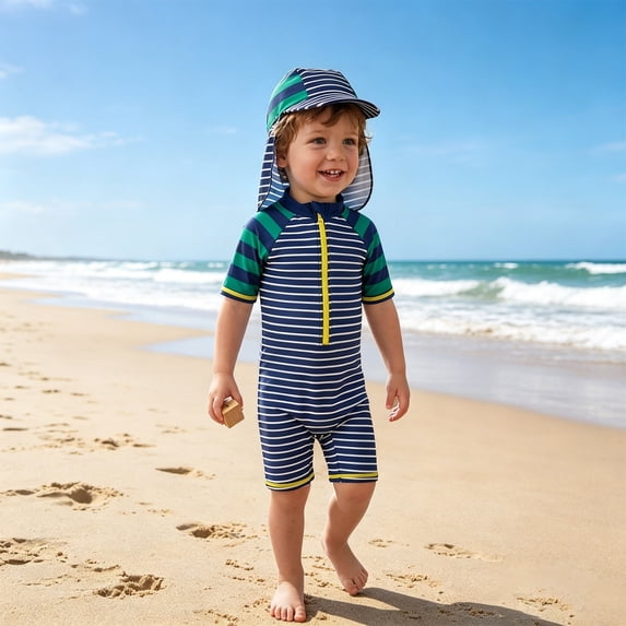 Boys Fashion Stripe Print Long Sleeve UPF One Piece Swimsuit Surf Rash ...