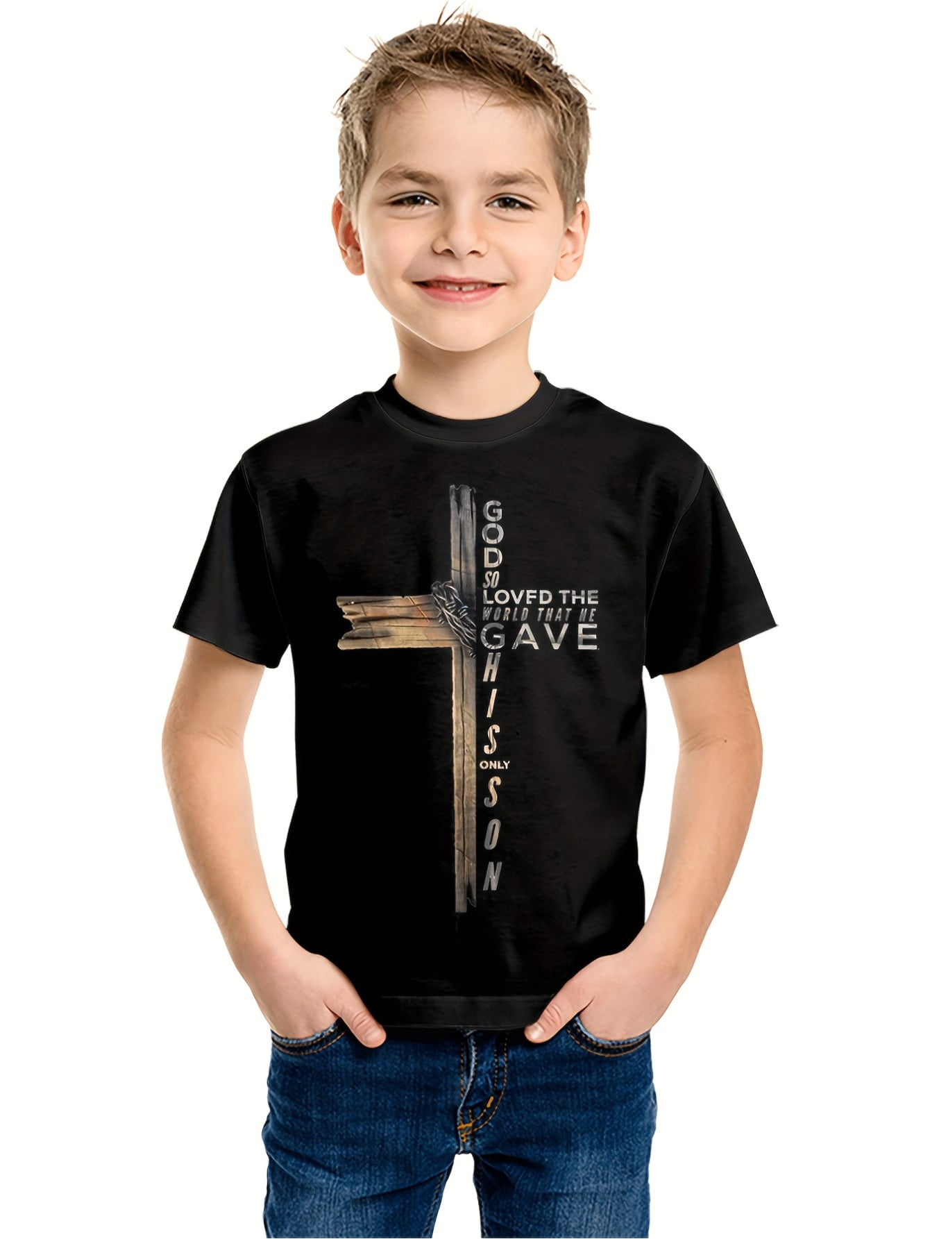 Boys' Fashionable Black T-Shirt with "GOD LOWED THE GAME" Cross Print ...