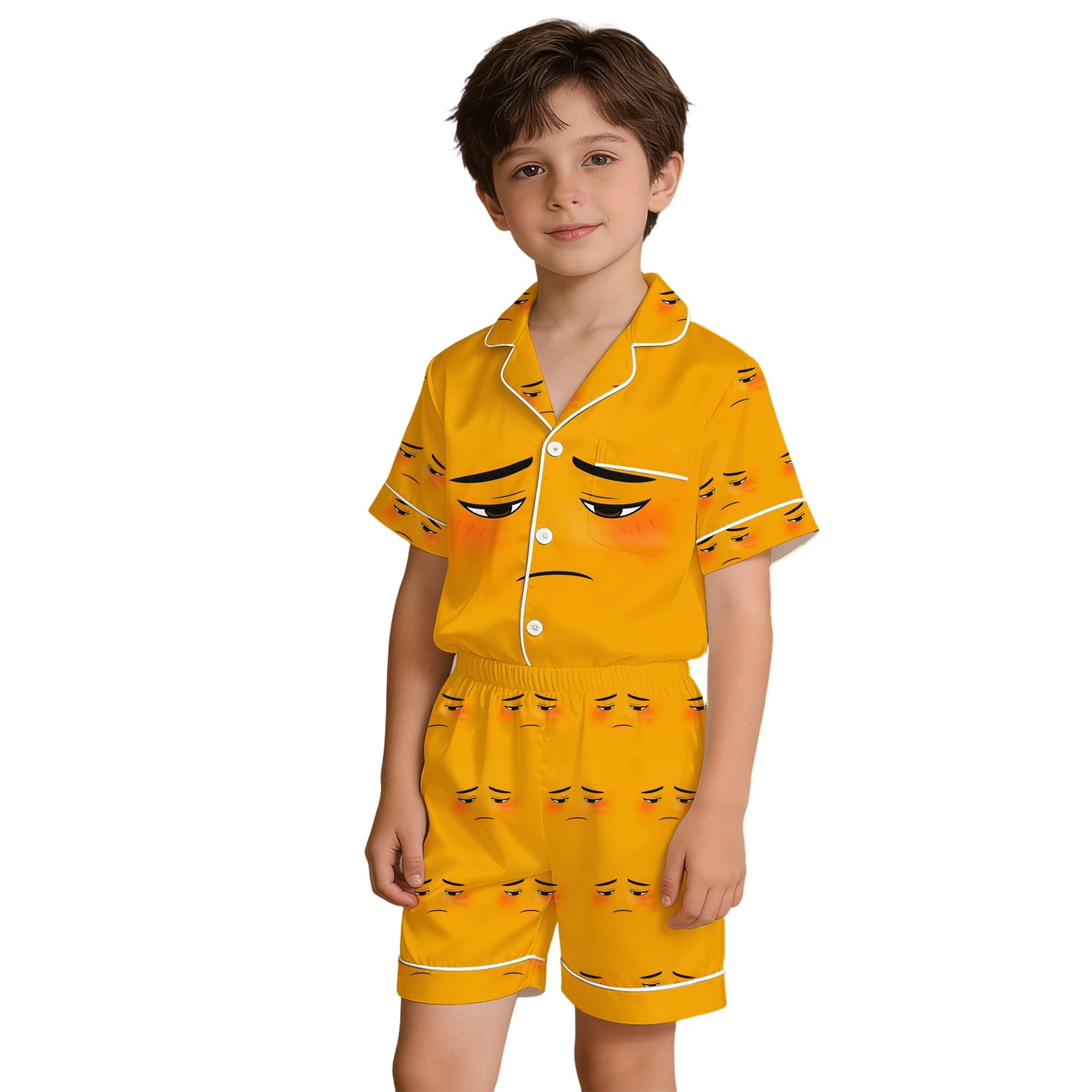 Boys' Faux Silk Pajama Set With Funny Face Shy Expression Pack Short ...