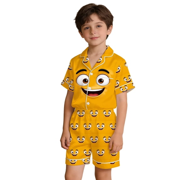 Boys' Faux Silk Pajama Set With Funny Smiley Face Print Short Sleeve V ...