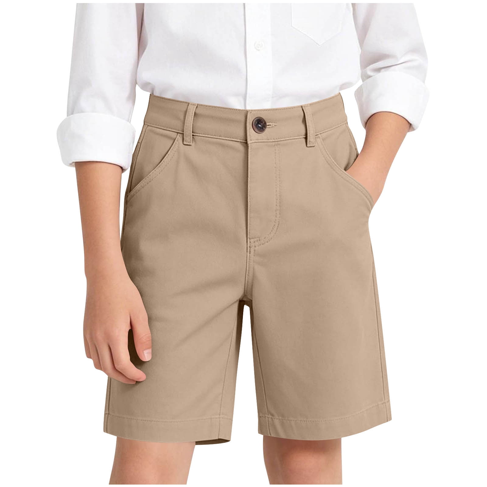Boys Flat Front Stretch Shorts Button Elastic Waist Dress Casual Short ...