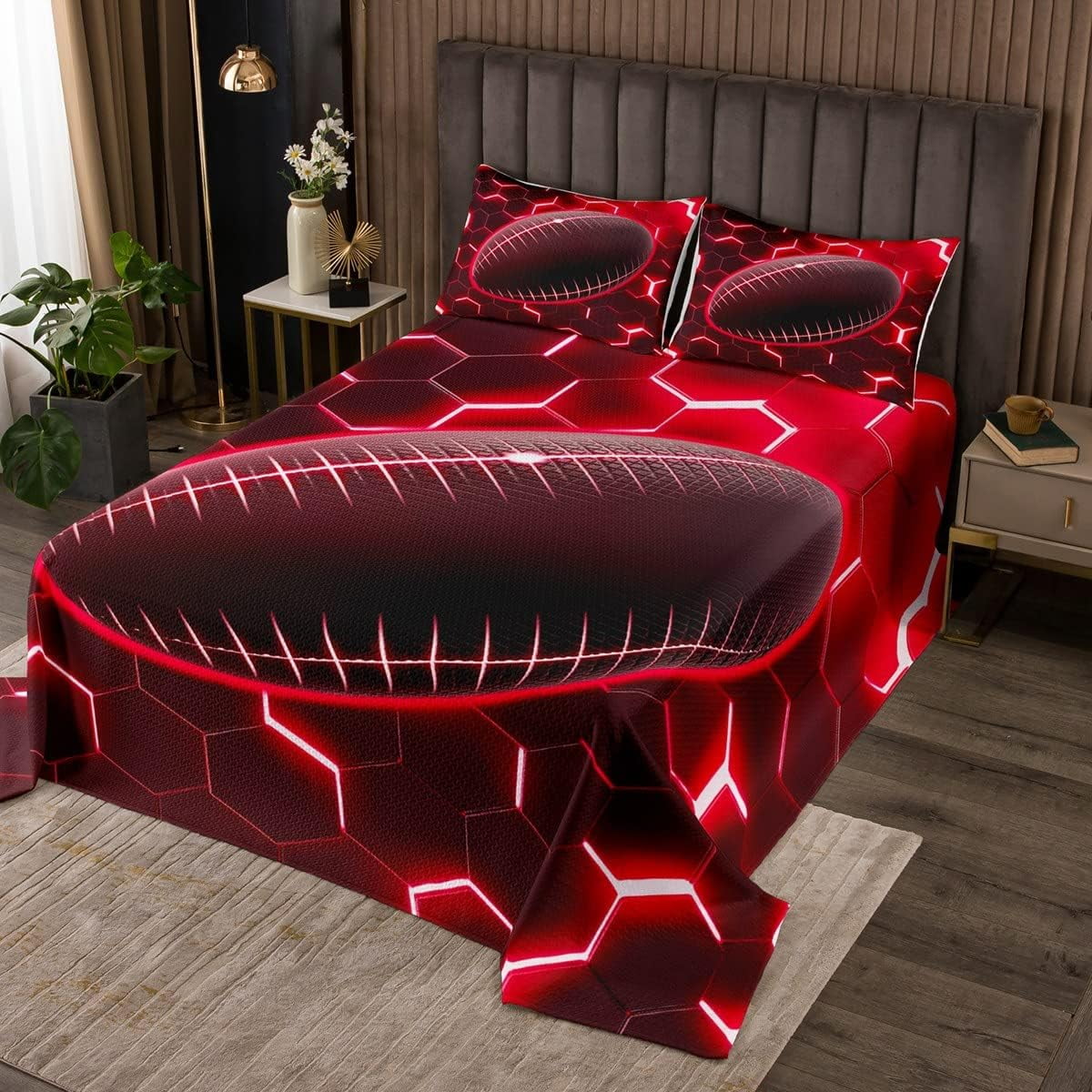 Boys Football Bedspread Set Soccer Quilt Set Blue Glowing Honeycomb ...