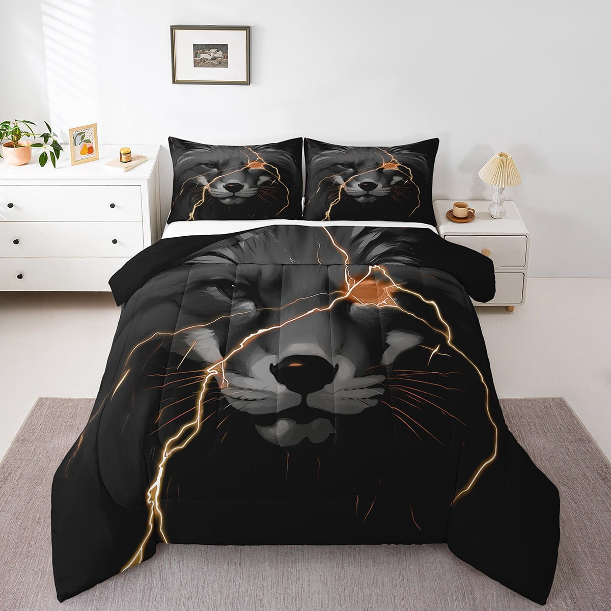 Fox Comforter Set Queen,Retro Brown Lightning Quilt Comforter Black ...