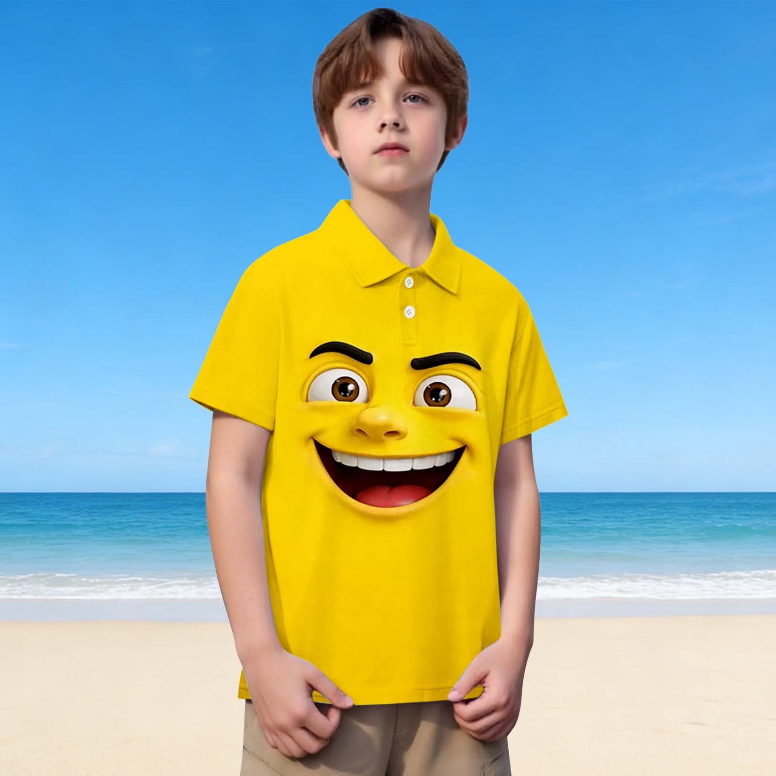 Boys Funny Face Graphic Polo Shirts Short Sleeve Collar Button Yellow ...