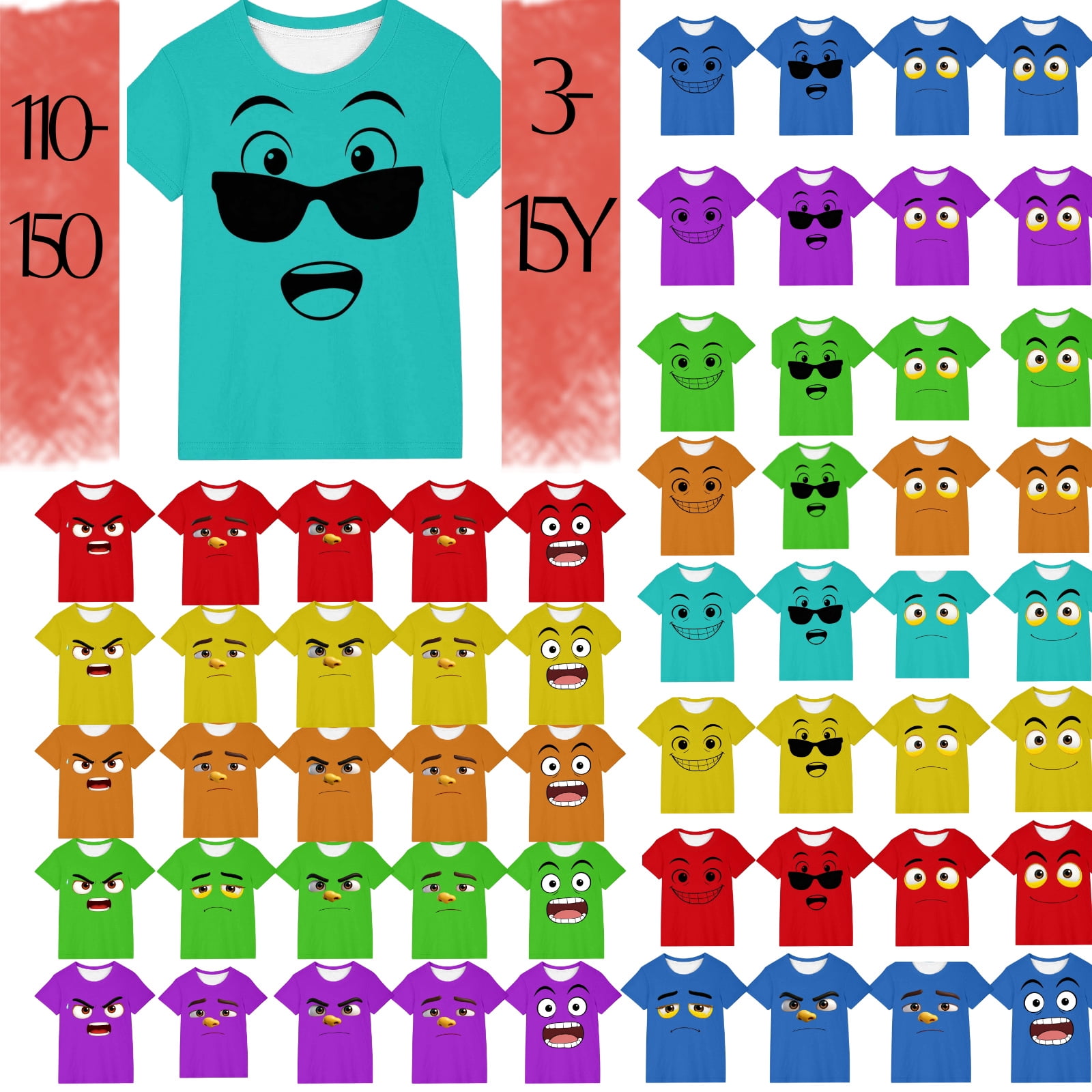 Boys Funny T-Shirt Large Cartoon Face Print Short Sleeve Top Kids Daily ...