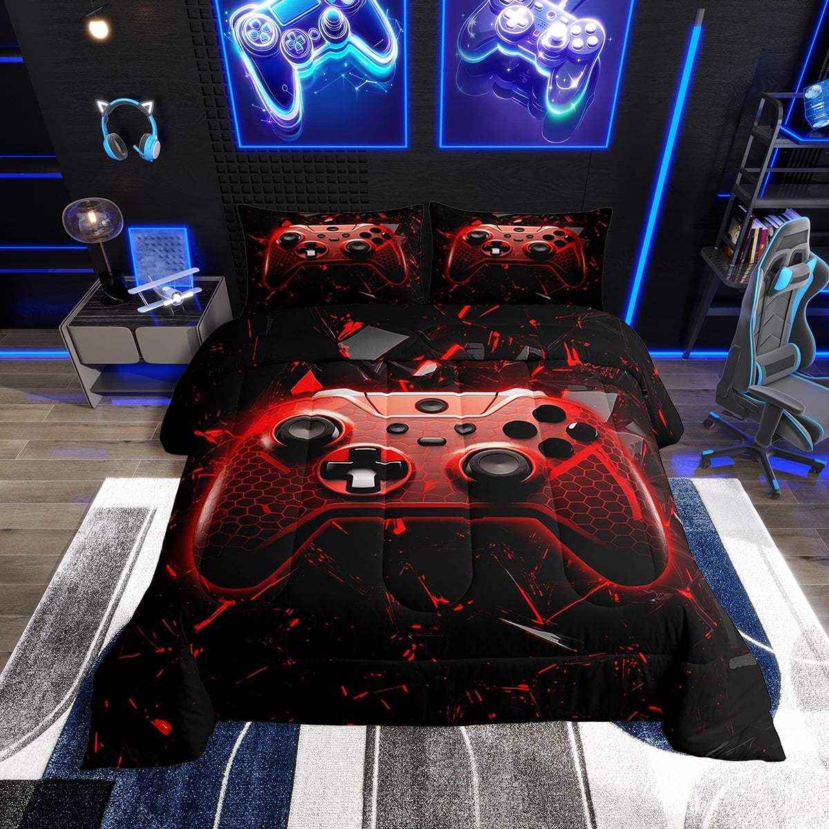 Gamer Comforter Set Full Size,Gamepad Quilt Set 3Pcs,Teens Video Games ...