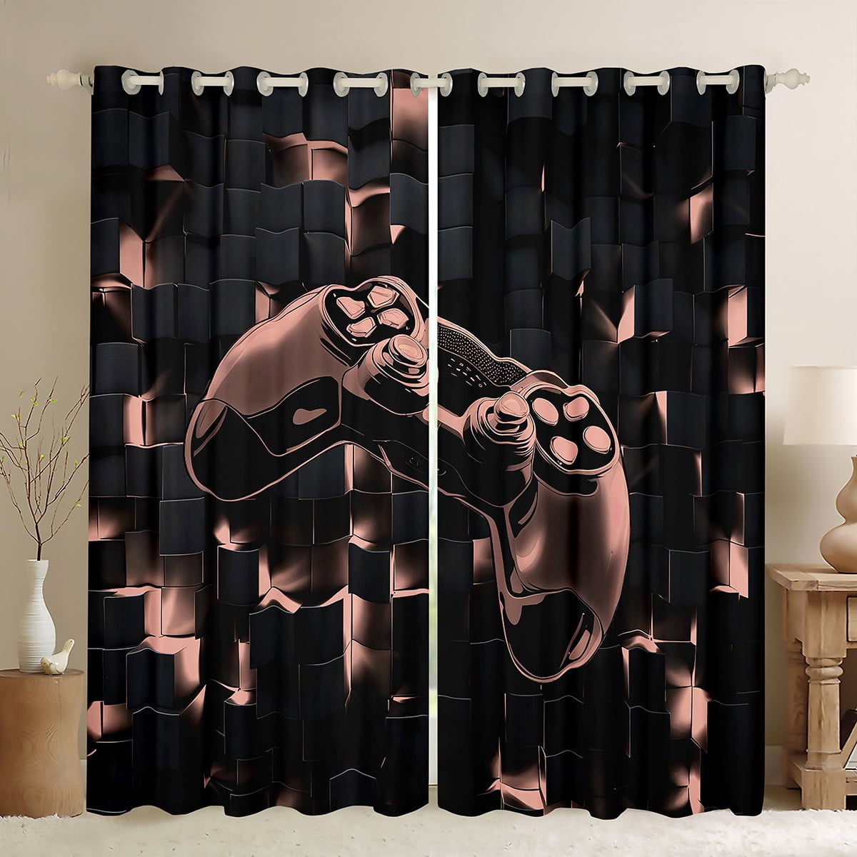 Gamer Curtains & Drapes Teen Geometry Grid Checkered Curtains 52"Wx63"L ...