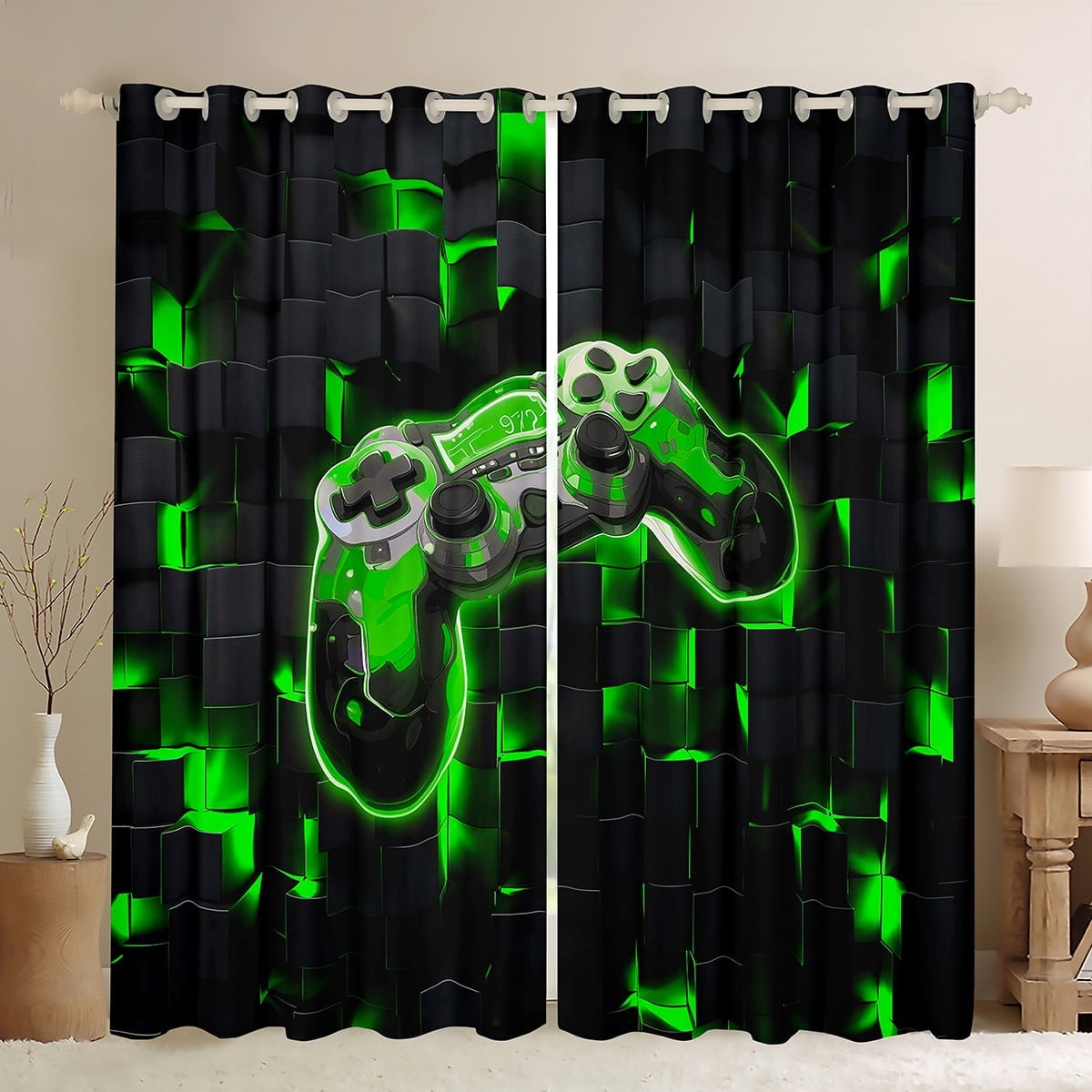 Gamer Curtains Game Console Curtains & Drapes Black and Green Gamepad ...