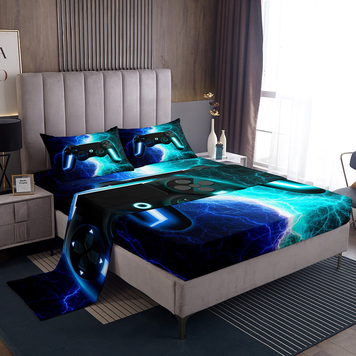 Gaming Bedding Set Queen Size Blue Turquoise Gamer Bed Sheets Set Teens ...