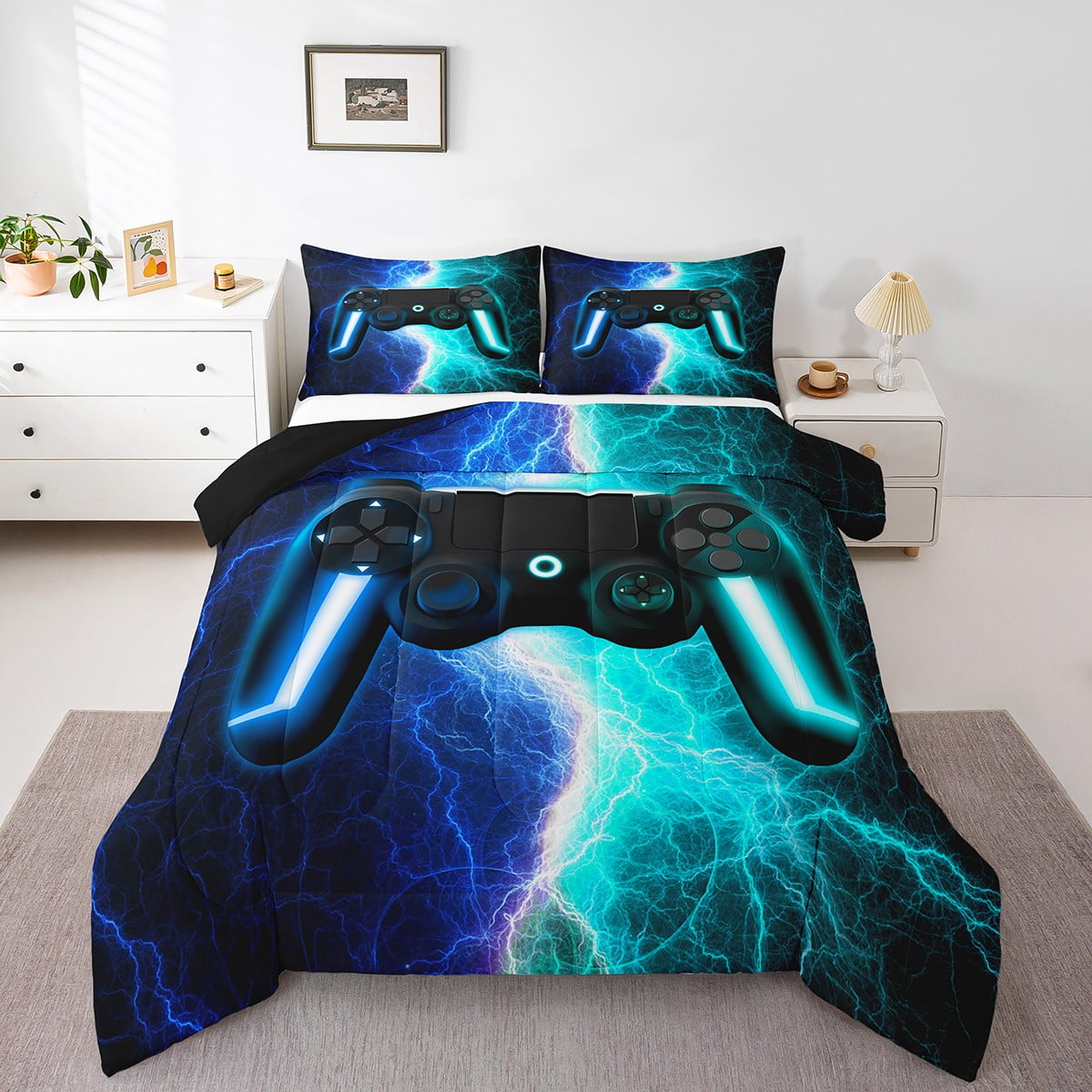 Gaming Bedding Set Queen Size Blue Turquoise Gamer Comforter Sets Teens ...
