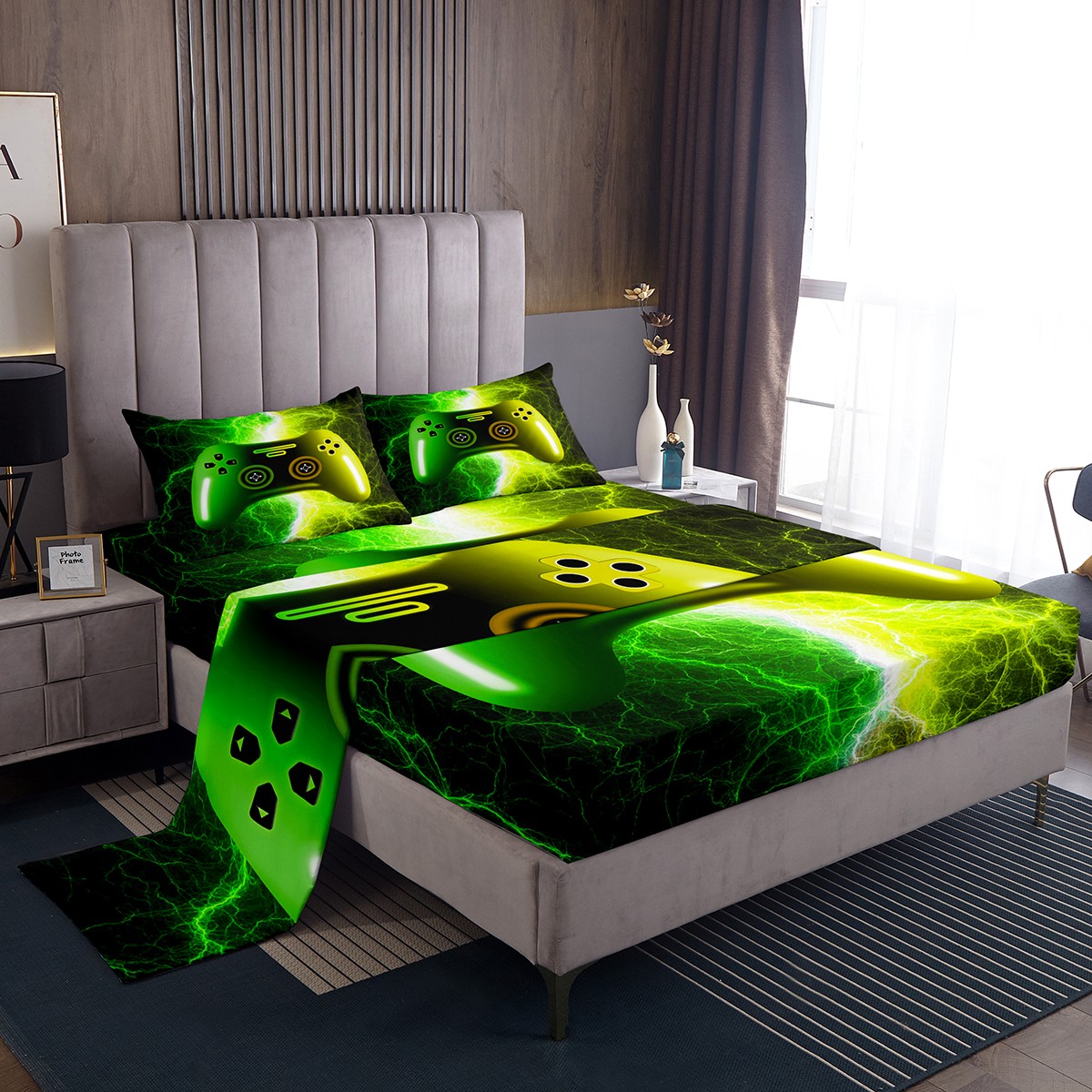 Gaming Bedding Set Queen Size Green Black Gamer Bed Sheets Set Teens ...