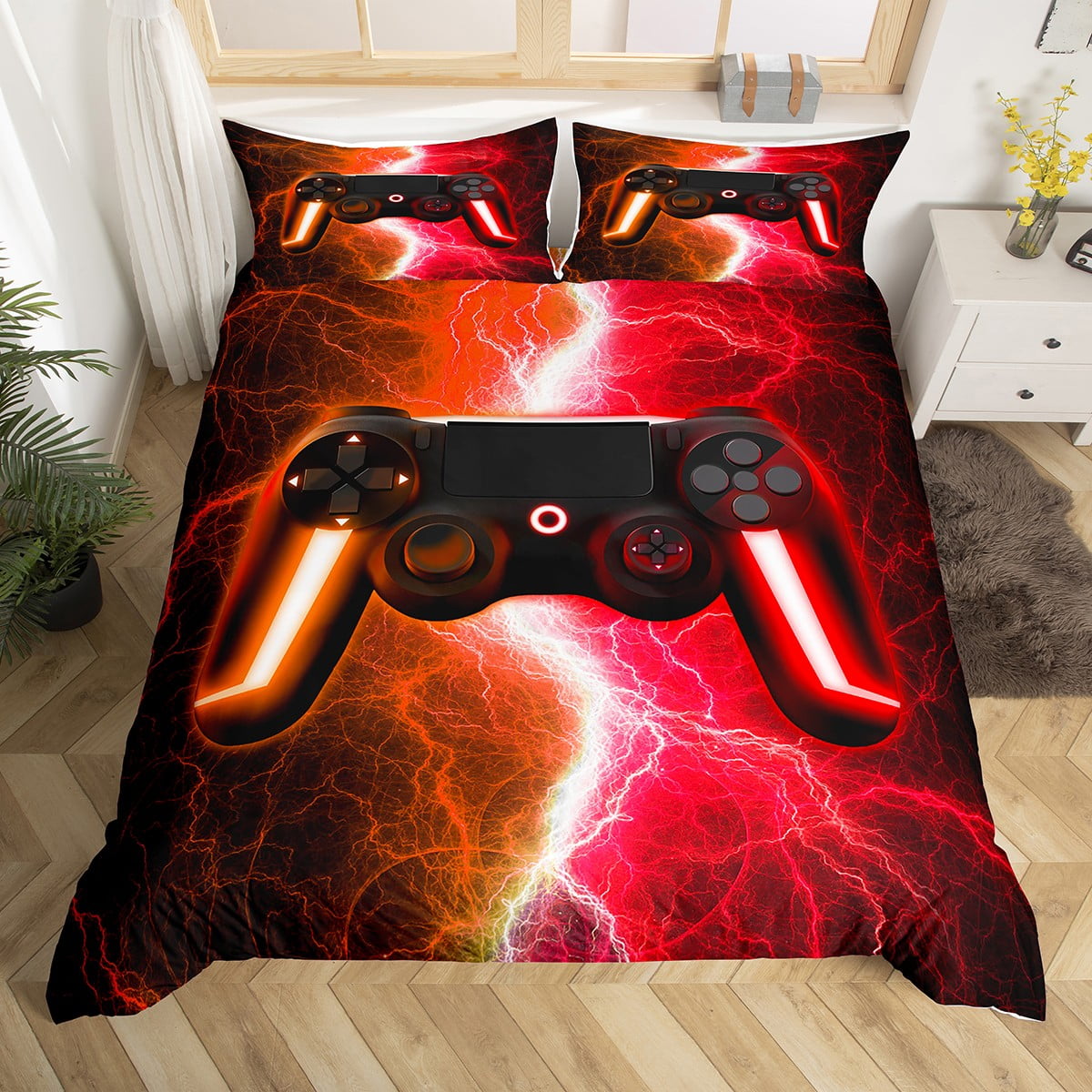 Boys Gaming Bedding Set Queen Size Orange Red Gamer Duvet Cover for ...