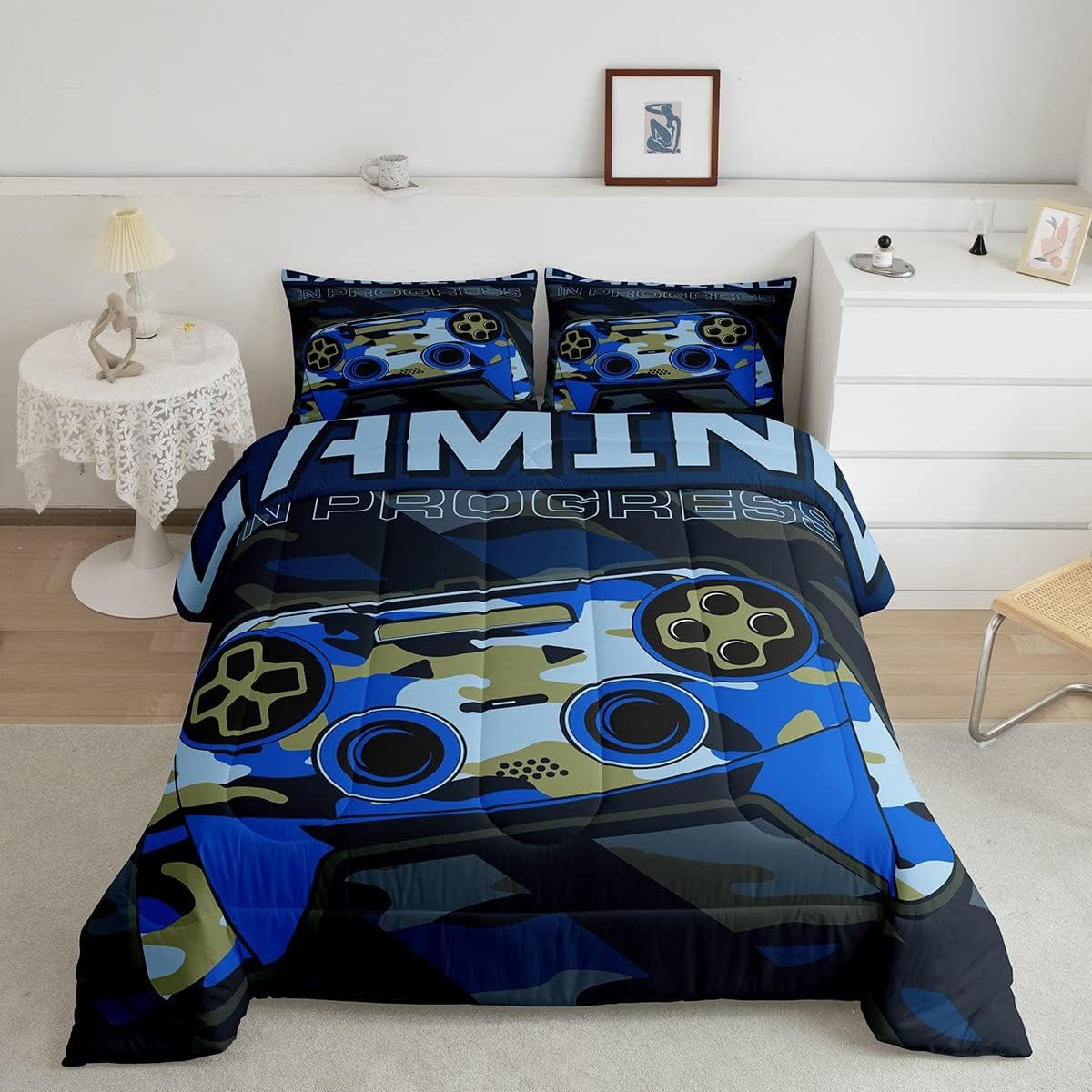 Boys Gaming Comforter Set Twin Size Teens Gamer Bedding Set Retro Blue ...