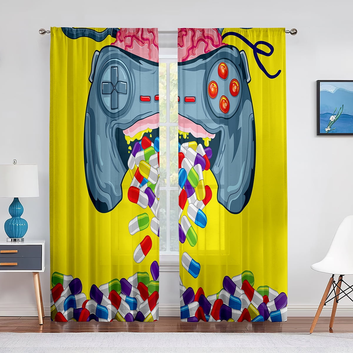 Boys Gaming Sheer Voile Curtain Teens Gamepad Video Games Controller ...