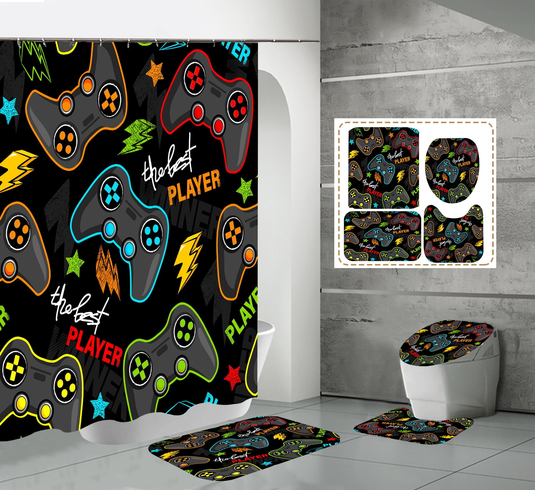 Boys Gaming Shower Curtain Set for Gamer 4 PCS Blue Gamepad Pattern ...