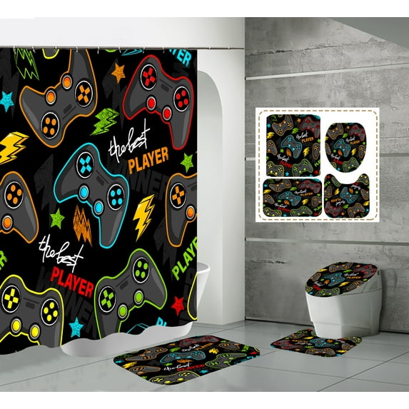 Boys Gaming Shower Curtain Set for Gamer 4 PCS Blue Gamepad Pattern ...