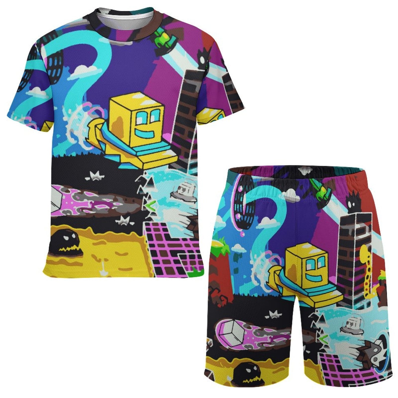 Boys Geometry Dash Short Sleeve Mesh T-Shirt And Shorts Outfit Set ...