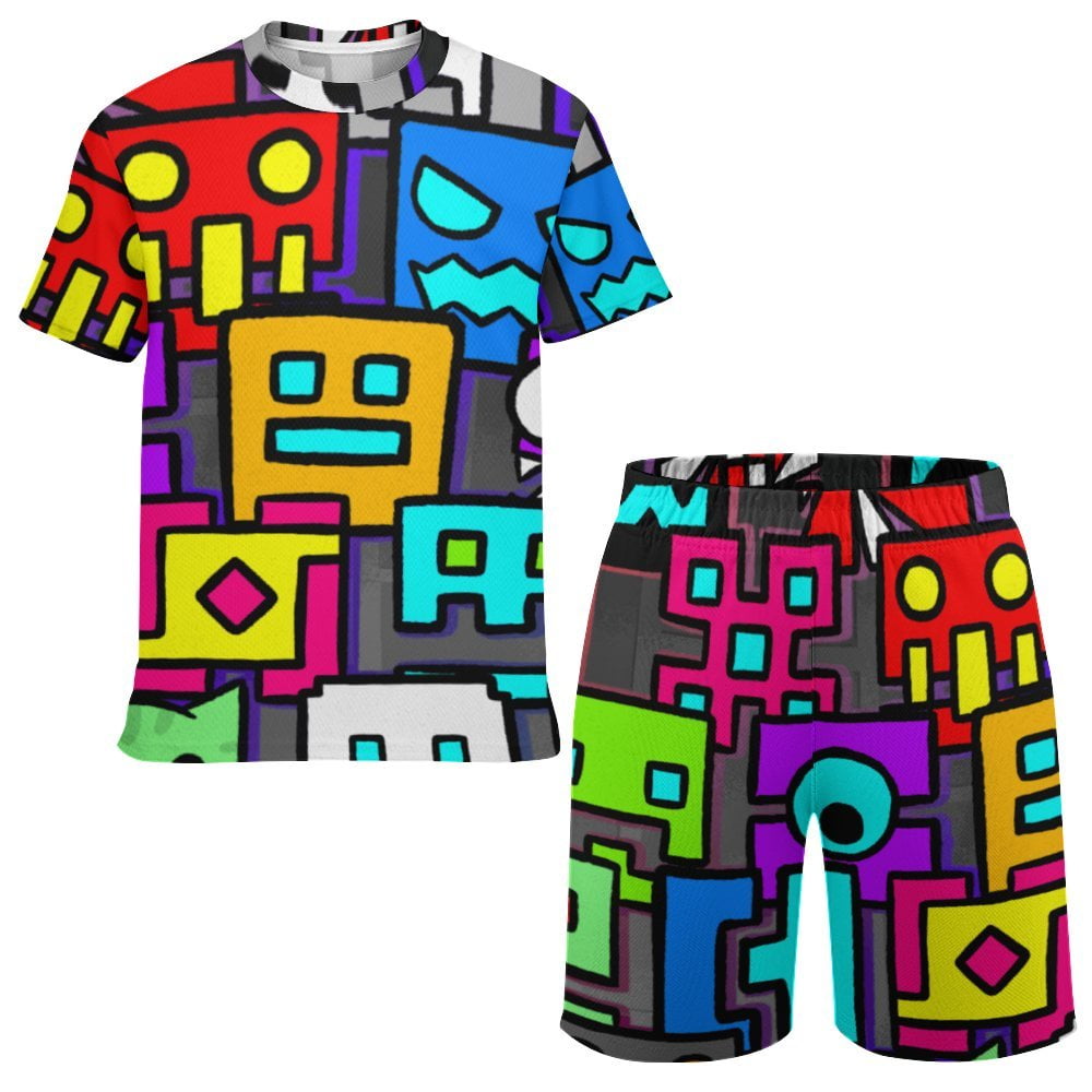 Boys Geometry Dash Short Sleeve Mesh T-Shirt And Shorts Outfit Set ...