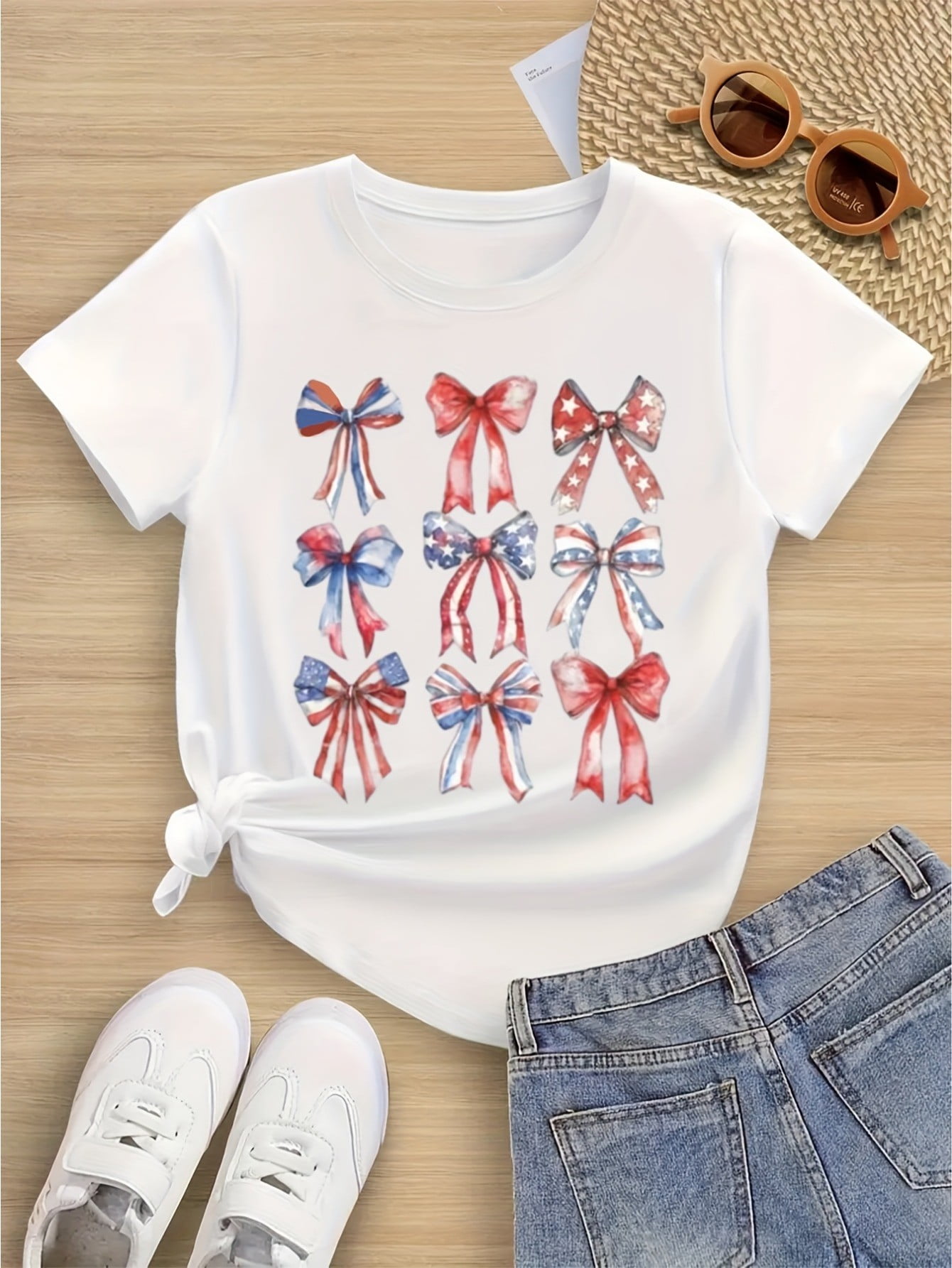 Boys and Girl Patriotic American Flag Bow Print Cotton T-Shirt for ...