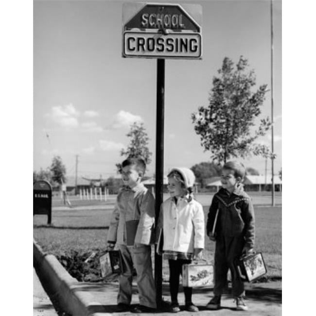 Boys & Girl Standing Near School Crossing Sign Poster Print 18 x 24 in ...