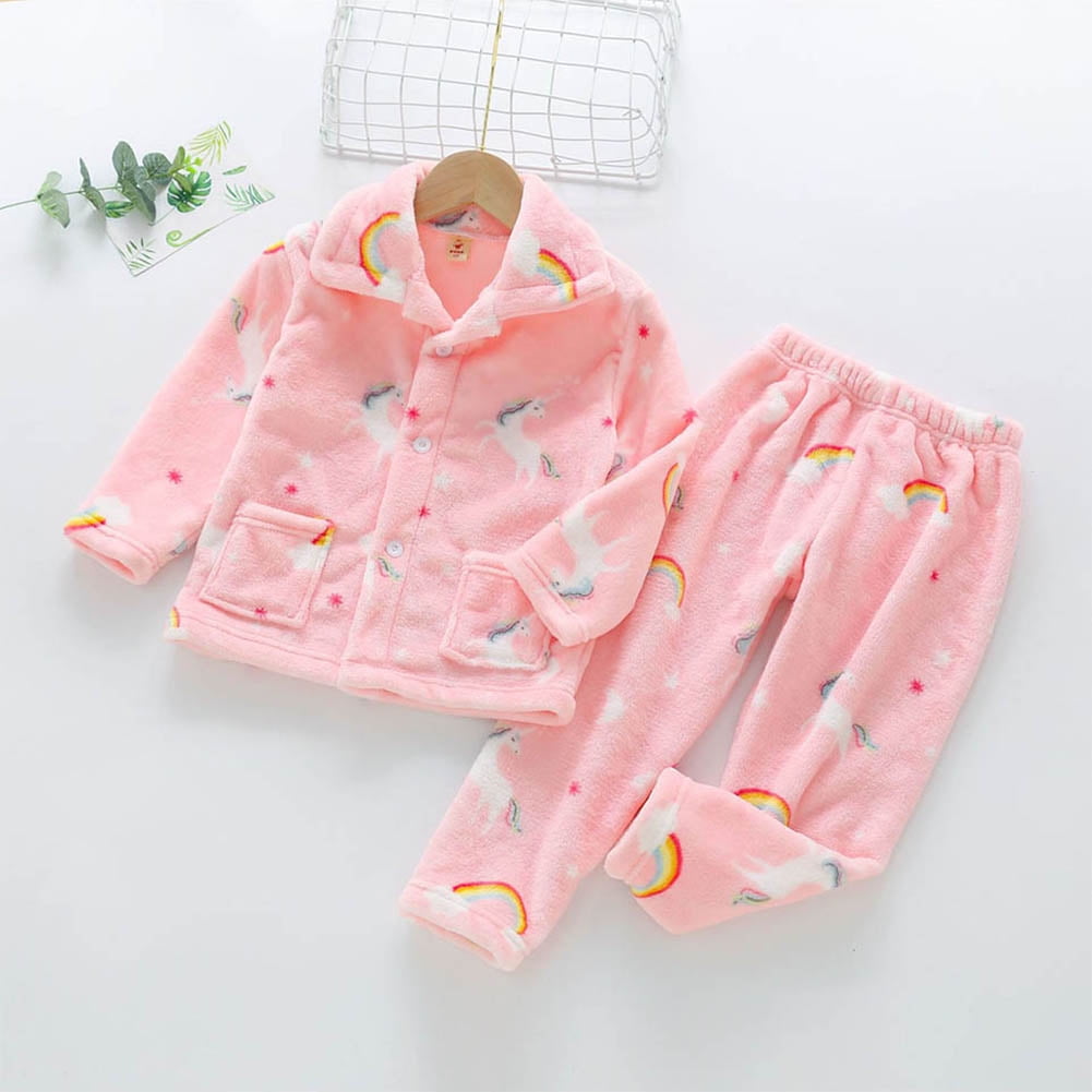 Boys Girls 2 Piece Soft Flannel Pjs Loungewear Button Down Winter Warm Fleece Pajama Set Kids ...
