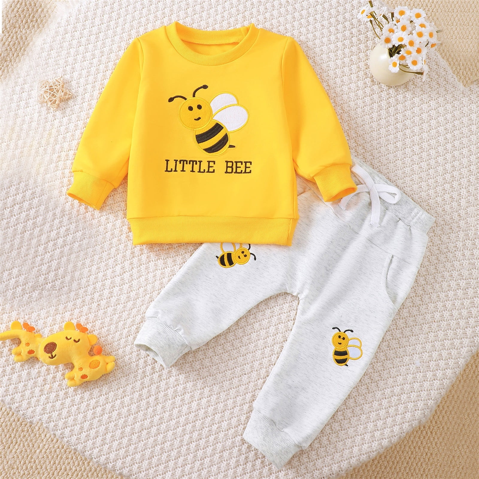 Boys Girls Baby Bee Embroidery Sweatshirt and Pants Comfortable 2 Piece ...