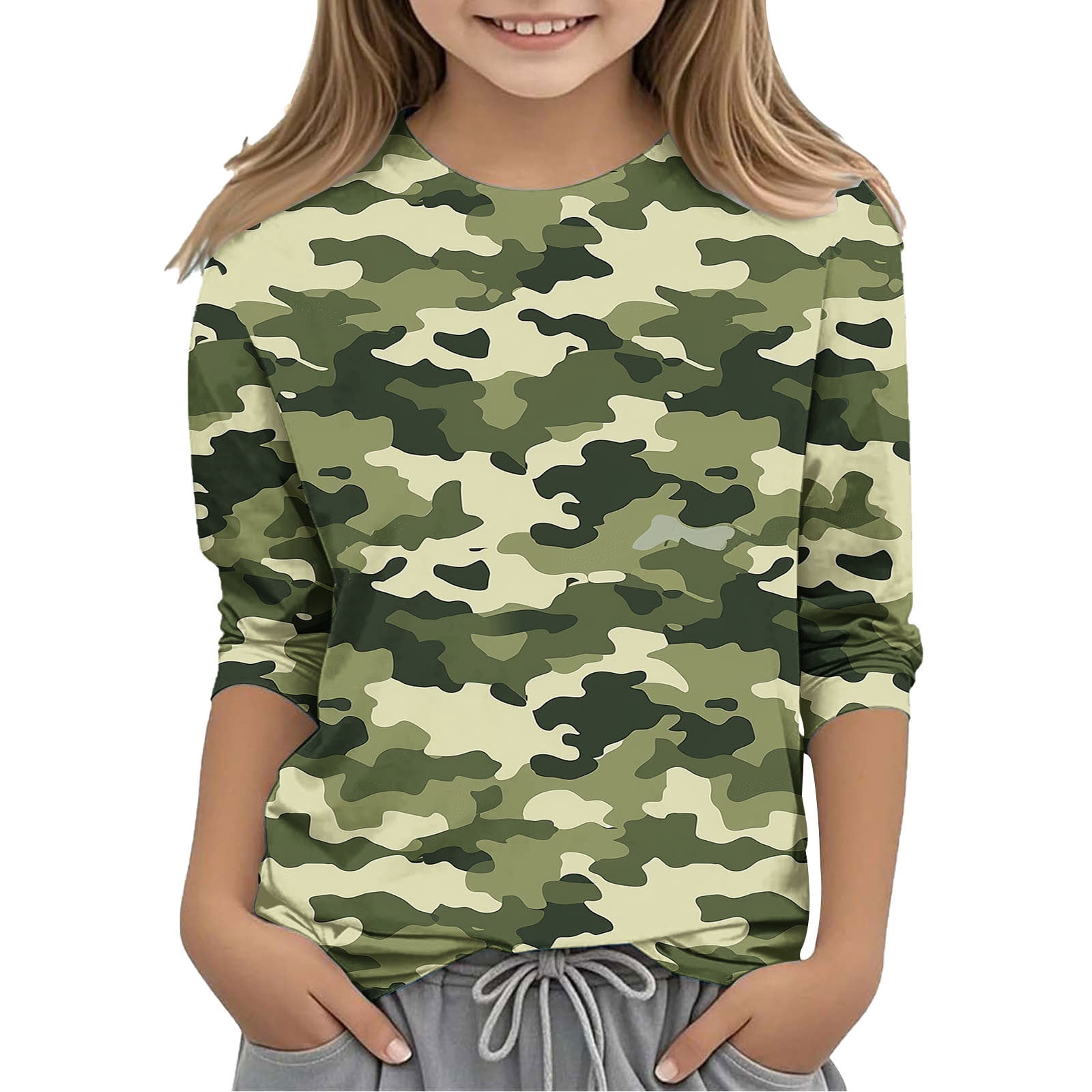 Boys Girls Camouflage Print Quarter Sleeve Round Neck Top Stretch ...