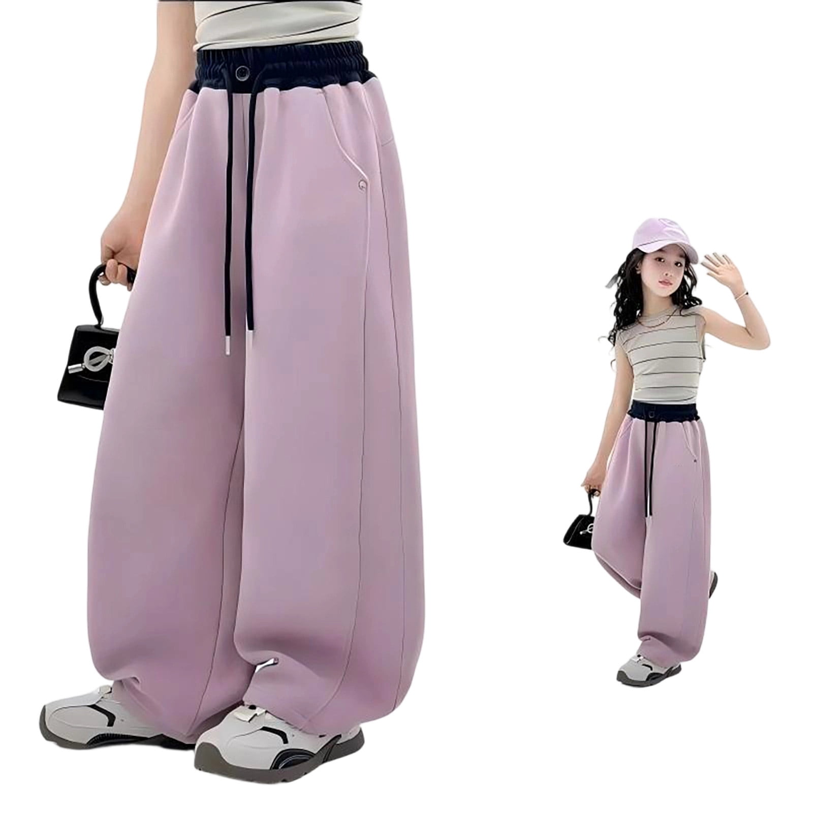 Boys Girls Color Block Waist Wide Leg Sweatpants Elastic Drawstring ...