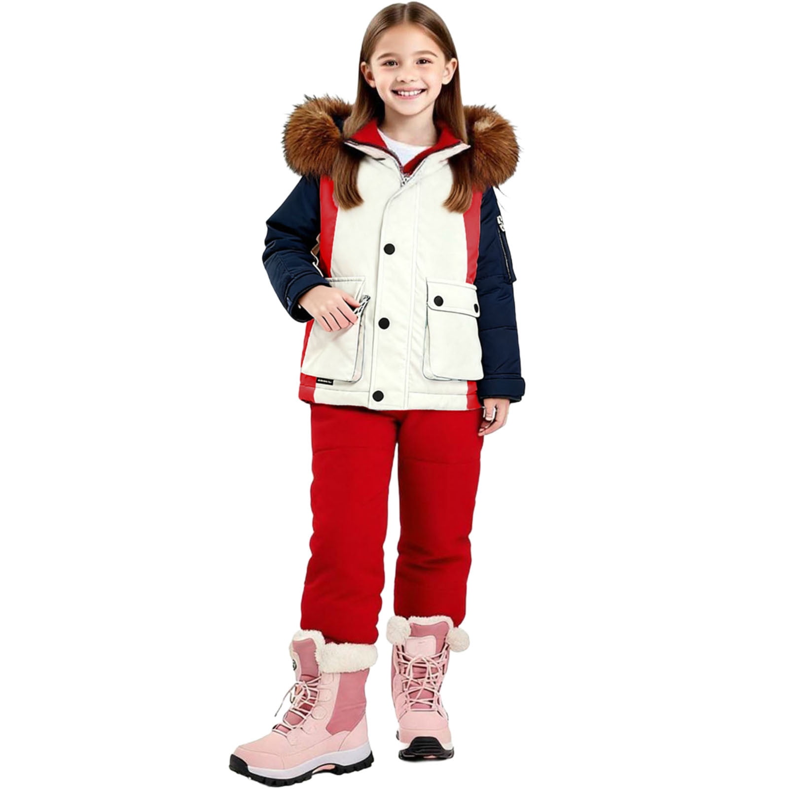 Boys Girls Colorblock Snowsuit 2 Piece Fashion Snow Bib Pants and Hood ...
