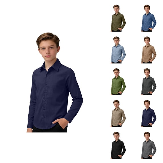 Boys Girls Dress Shirt Spring Fall Cotton Linen Long Sleeve Button Down ...