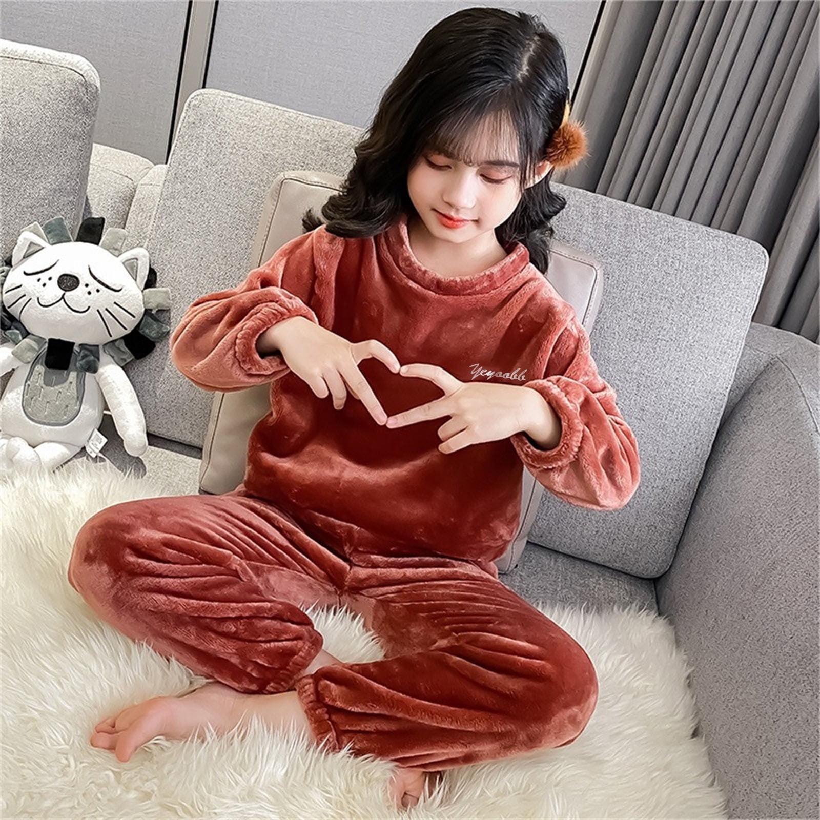 Boys' Girls' Flannel Clothes Set Fluffy Sweatshirt Top And Pants Winter ...