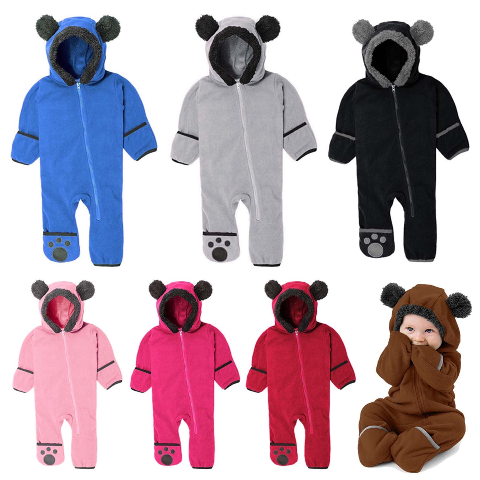 Boys Girls Fleece Romper Bear Hooded Footed Jumpsuit Zipper Soft Long ...