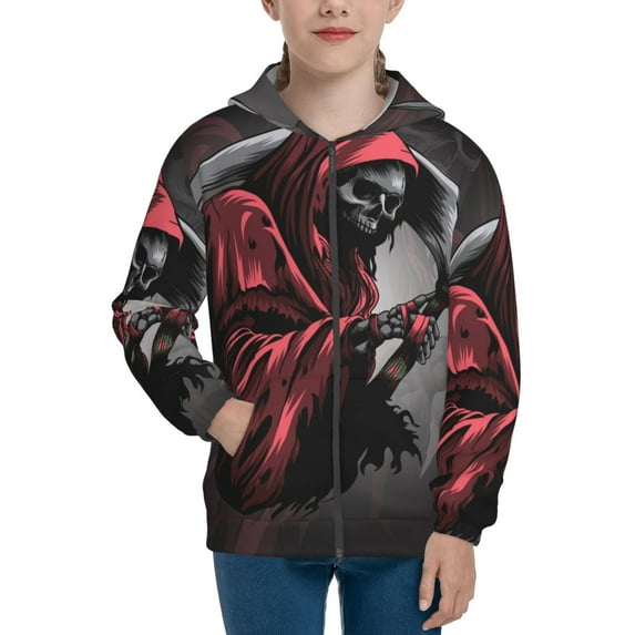 Boys Girls Full Zip Hoodies Kids Zipper Hooded Sweatshirt, Gothic Death ...