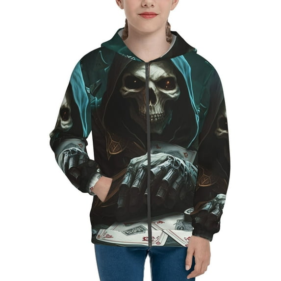 Boys Girls Full Zip Hoodies Kids Zipper Hooded Sweatshirt, Grim Reaper ...
