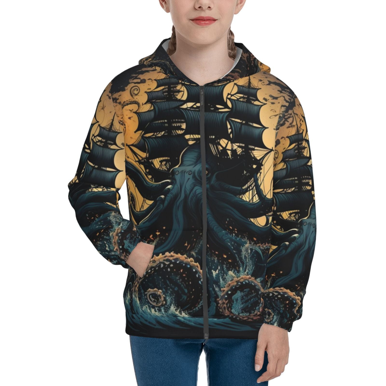 Boys Girls Full Zip Hoodies Kids Zipper Hooded Sweatshirt, Kraken ...