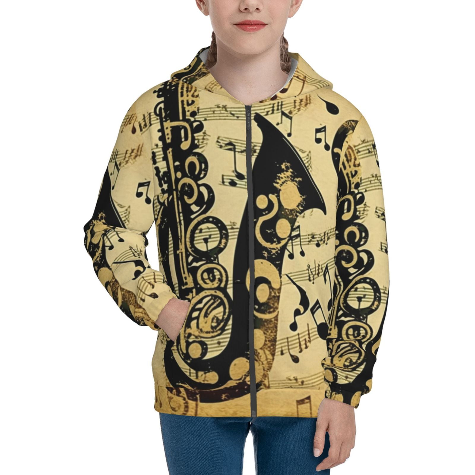 Boys Girls Full Zip Hoodies Kids Zipper Hooded Sweatshirt, Music Notes ...