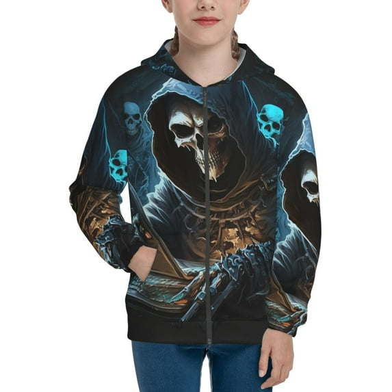 Boys Girls Full Zip Hoodies Kids Zipper Hooded Sweatshirt, Skull Funny ...