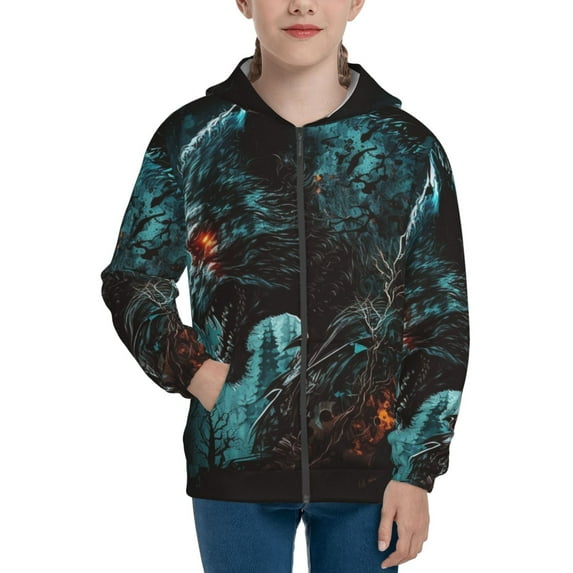 Boys Girls Full Zip Hoodies Kids Zipper Hooded Sweatshirt, Werewolf ...