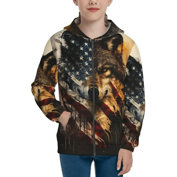 Boys Girls Full Zip Hoodies Kids Zipper Hooded Sweatshirt, Wolf ...
